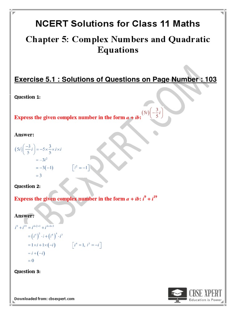 NCERT Solutions For Class 11 Maths Chapter 05 Complex Numbers and ...