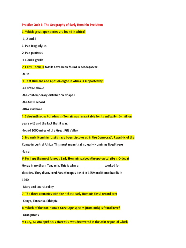 Practice Quiz 6: The Geography of Early Hominin Evolution | PDF ...