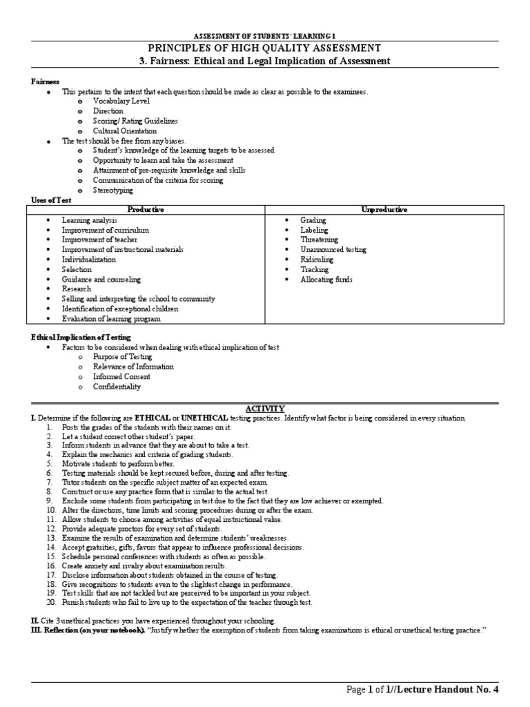 ASL Lecture 4 (Fairness-Ethical and Legal Implications of Test) | PDF ...