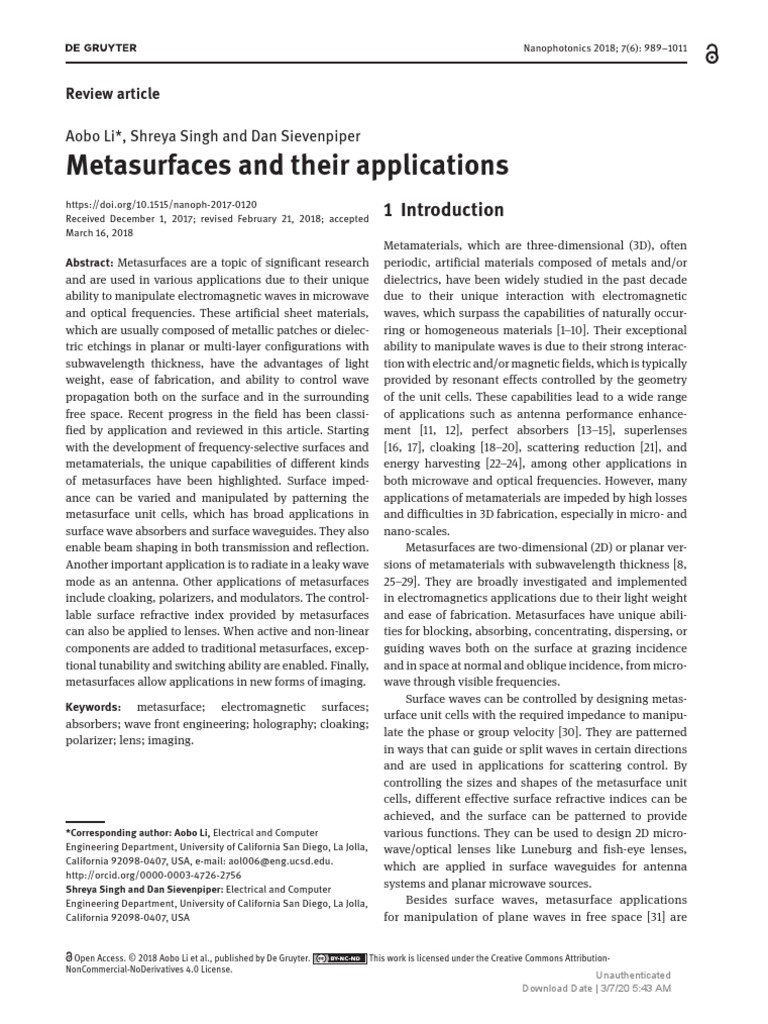 Metasurfaces and Their Applications: Aobo Li, Shreya Singh and Dan ...