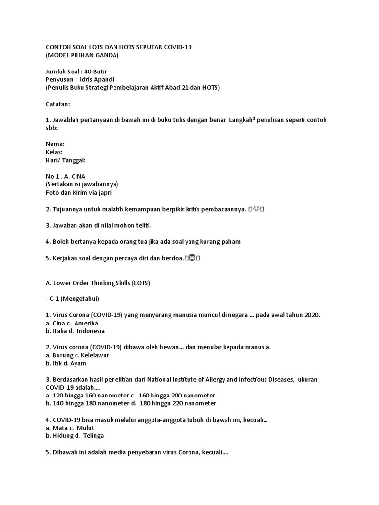 Contoh Soal Lots Dan Hots Seputar Covid | PDF