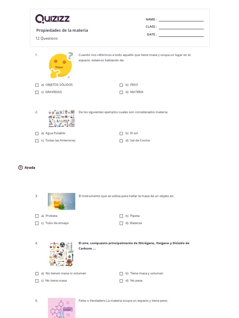 Propiedades de La Materia - Print - Quizizz | PDF | Masa | Importar