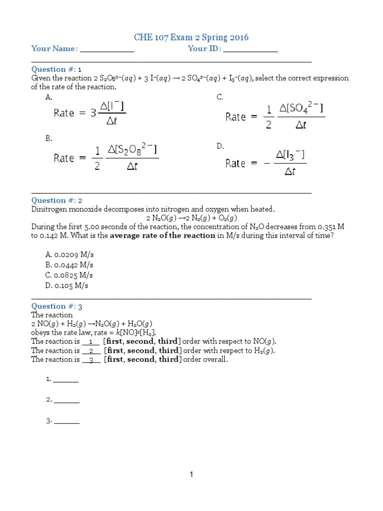 CHE 107 Exam 2 Spring 2016: Your Name: Your ID: Question # | Download Free PDF | Acid | Chemical ...