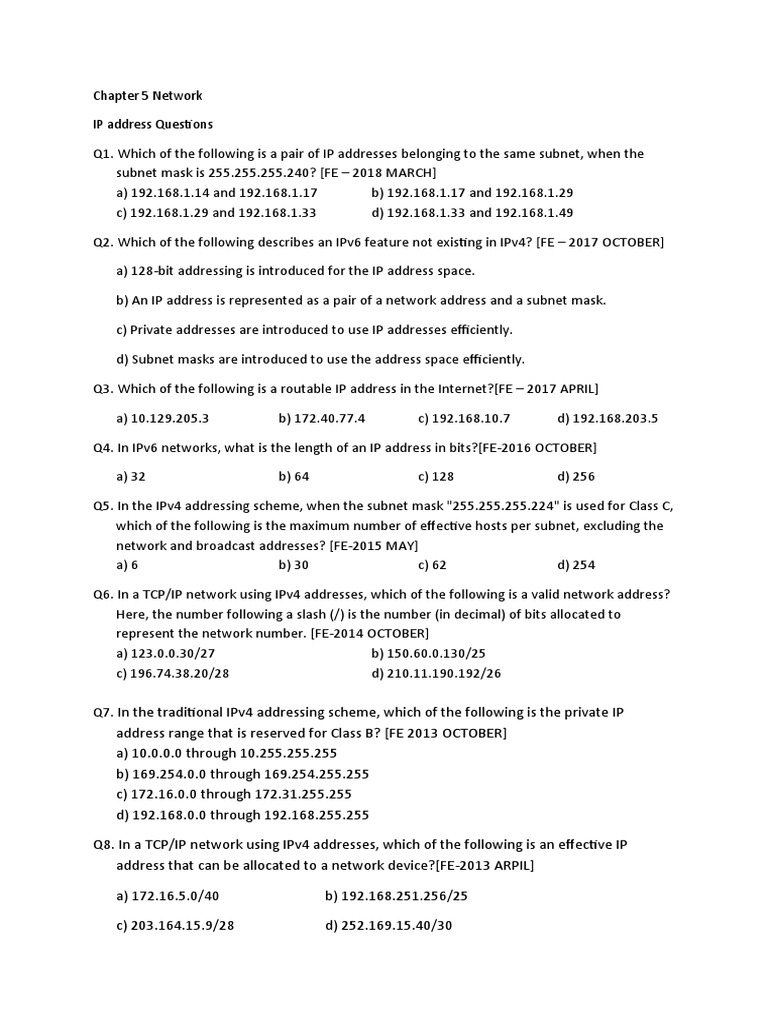 Chapter 5 Network IP ADDRESS QUESTIONS | PDF | Ip Address ...