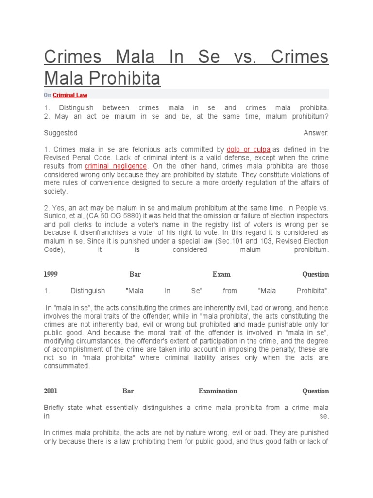 Distinction Between Mala In Se and Prohibita | PDF | Crime & Violence ...