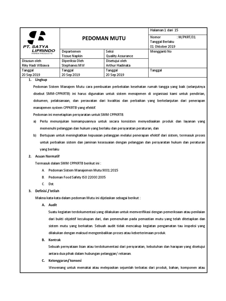 Pedoman Mutu PKRT | PDF
