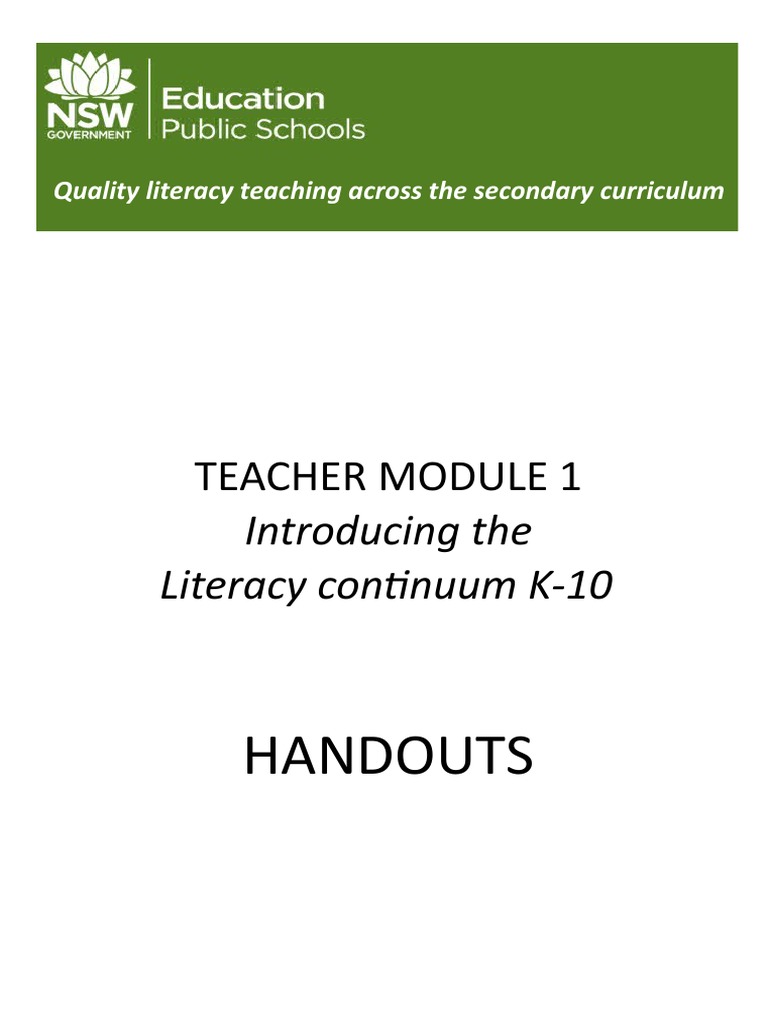 Teacher Module 1: Introducing The Literacy Continuum K-10 | PDF