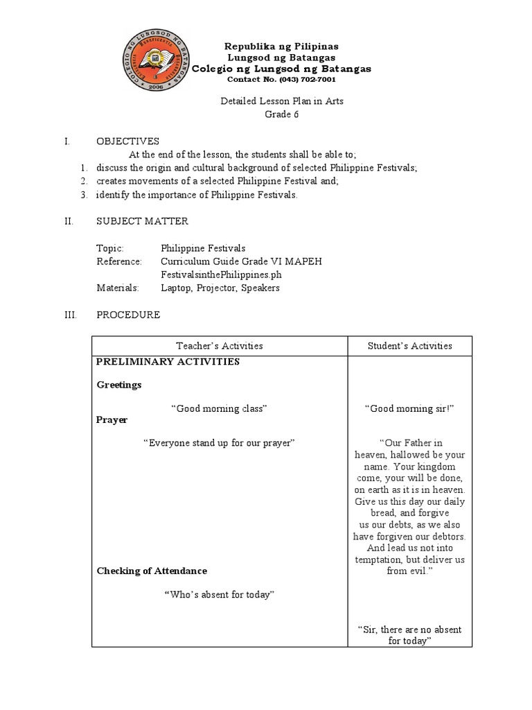 Philippine Festivals Lesson Plan | PDF | Philippines