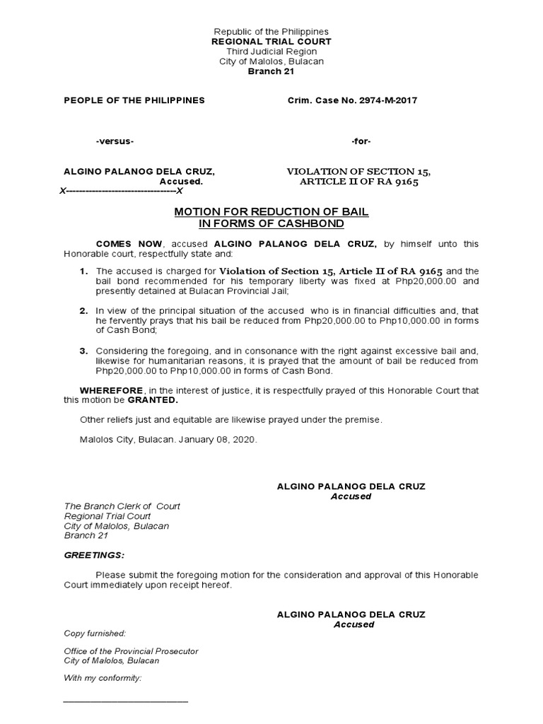 Motion Cash Bond 1-8-2020 | PDF | Bail | Judiciaries