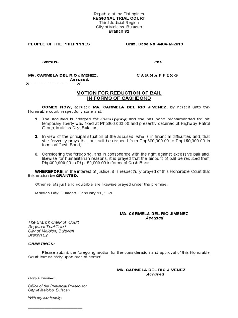 Motion For Reduction of Bail in Forms of Cashbond: Accused | PDF | Bail ...