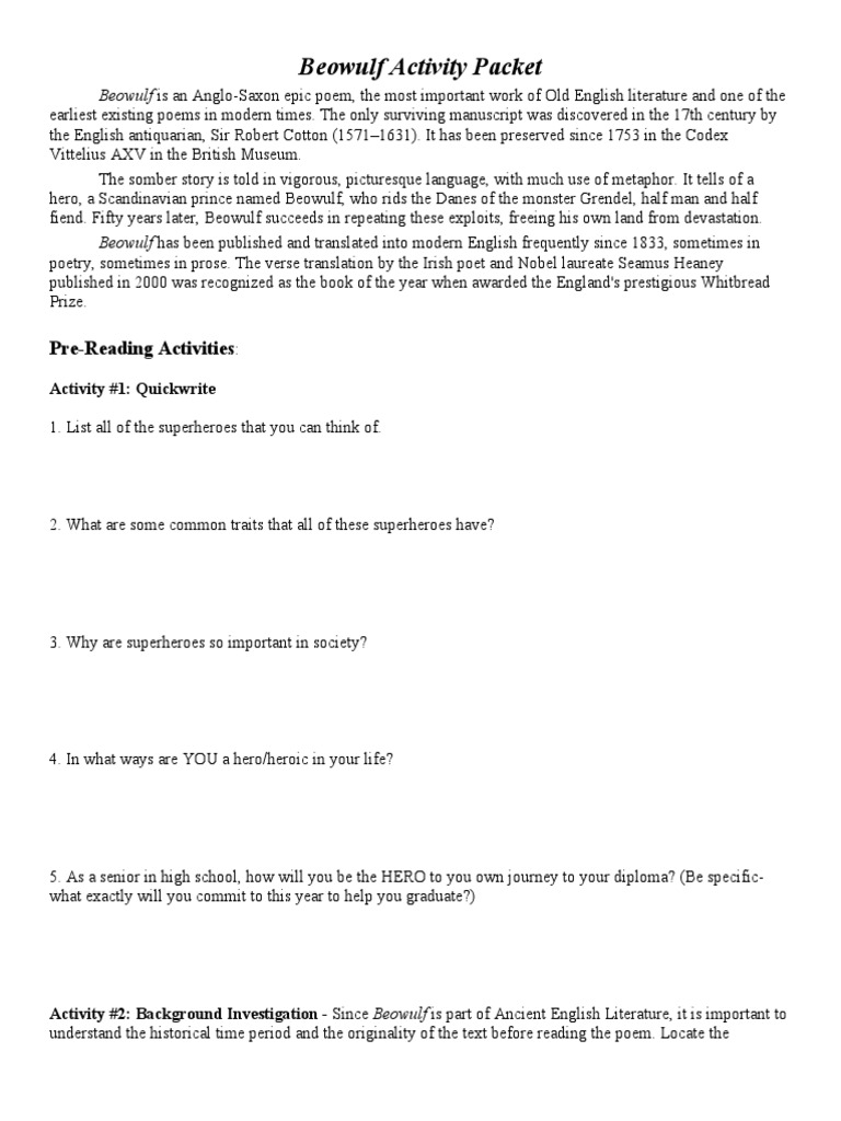 Beowulf Activity Packet: Pre-Reading Activities | PDF | Beowulf | Writing