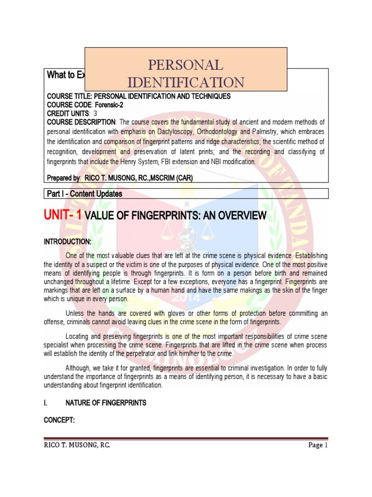 Personal Identification: Unit-1 | PDF | Fingerprint | Epidermis