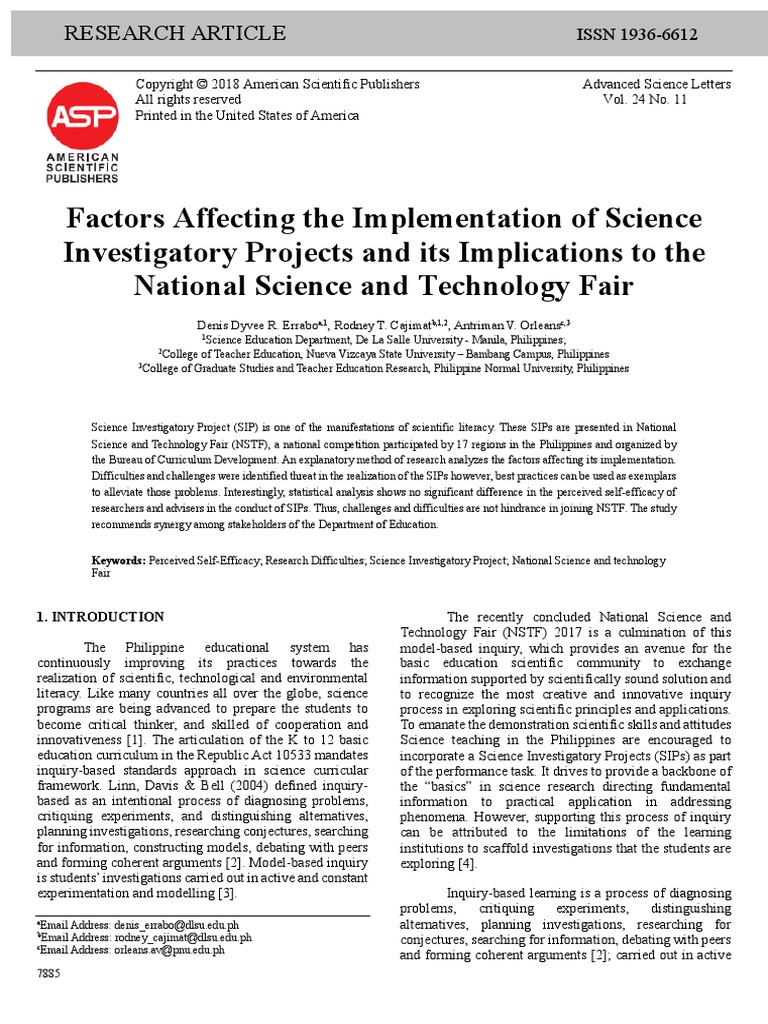 Journal Reading 1 Factors Affecting The Implementation Of Science Investigatory Projects Pdf