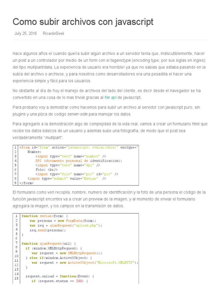 Como Subir Archivos Con Javascript Ricardo Geek Pdf Script Java Ingeniería De Software