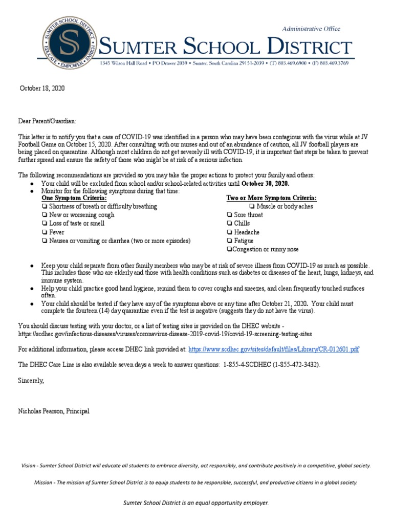 COVID-19 Quarantine Notice for Parents | PDF | Clinical Medicine ...