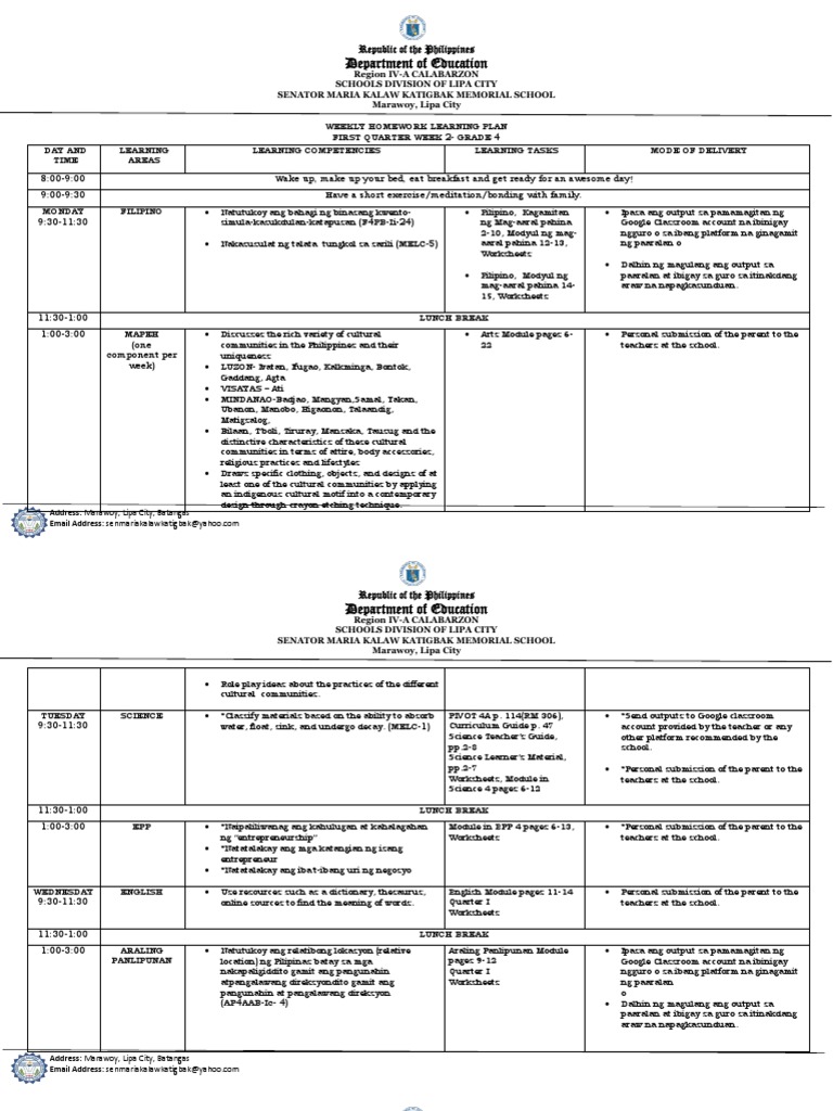 Weekly-Home-Learning-Plan-WEEK-2. Mam GINA PDF | PDF | Learning | Behavior Modification