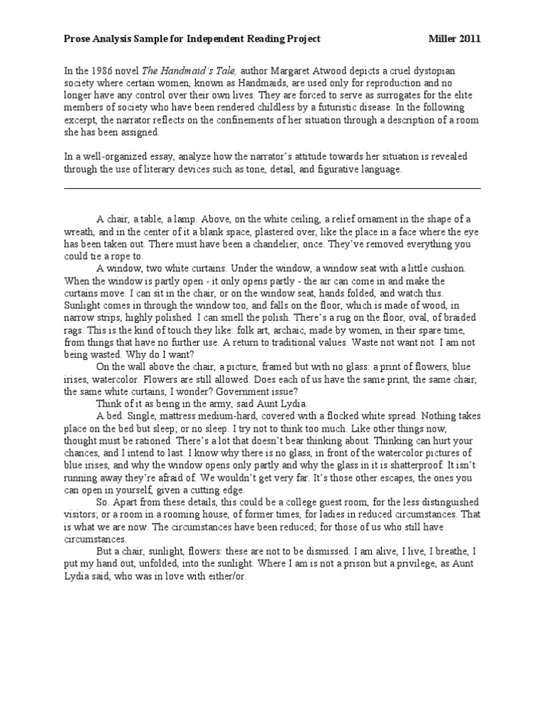 Prose Analysis Sample For Independent Reading Project Miller 2011 | PDF ...