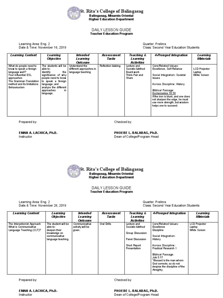 Daily Lesson Guide for Eng. 2 Program | PDF | Teachers | Teacher Education