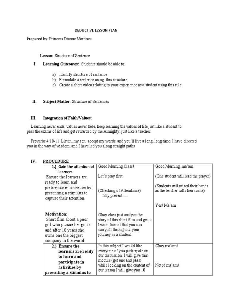 Deductive Lesson Plan | PDF | Sentence (Linguistics) | Communication