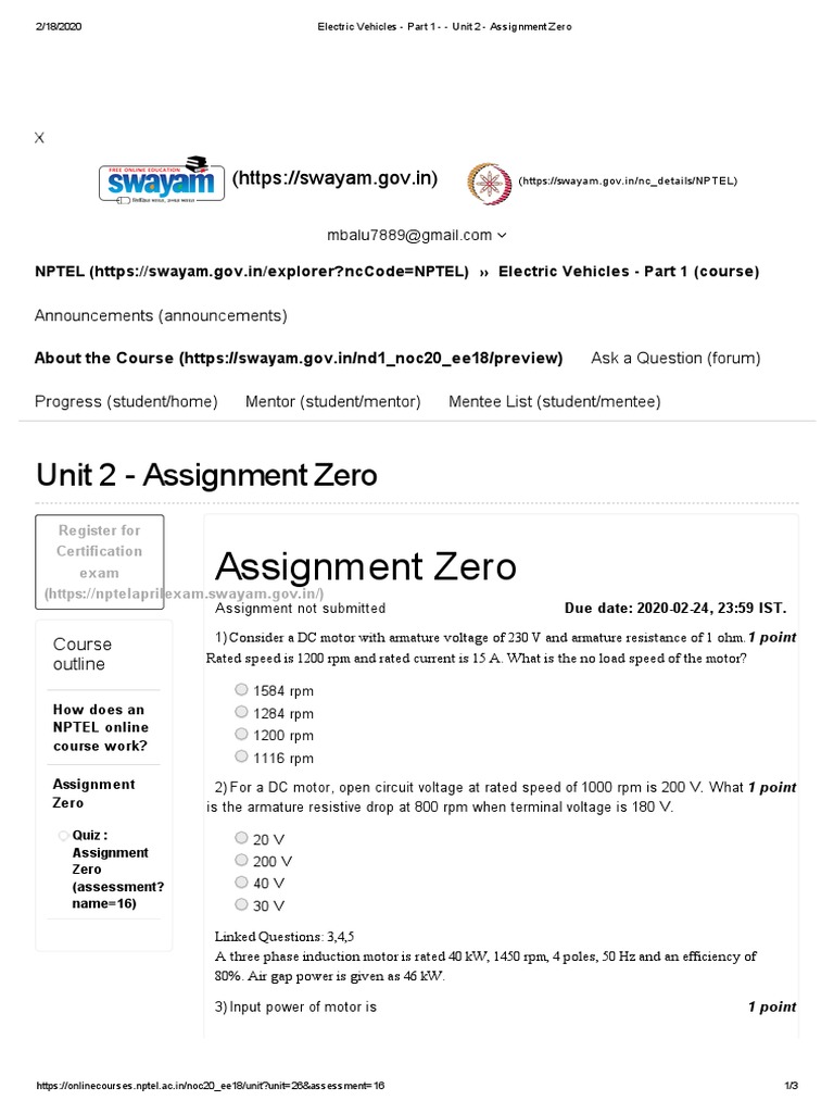 Electric Vehicle Fundamentals: Assignment Assessing Understanding of DC ...