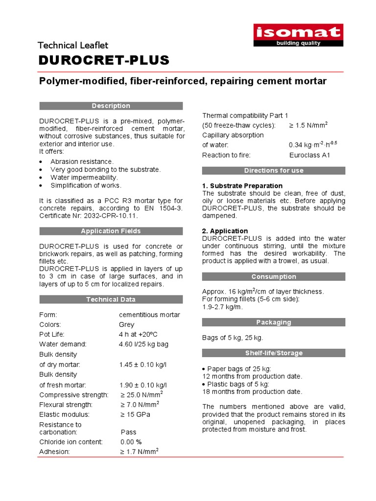 E DUROCRET PLUS | PDF | Mortar (Masonry) | Concrete