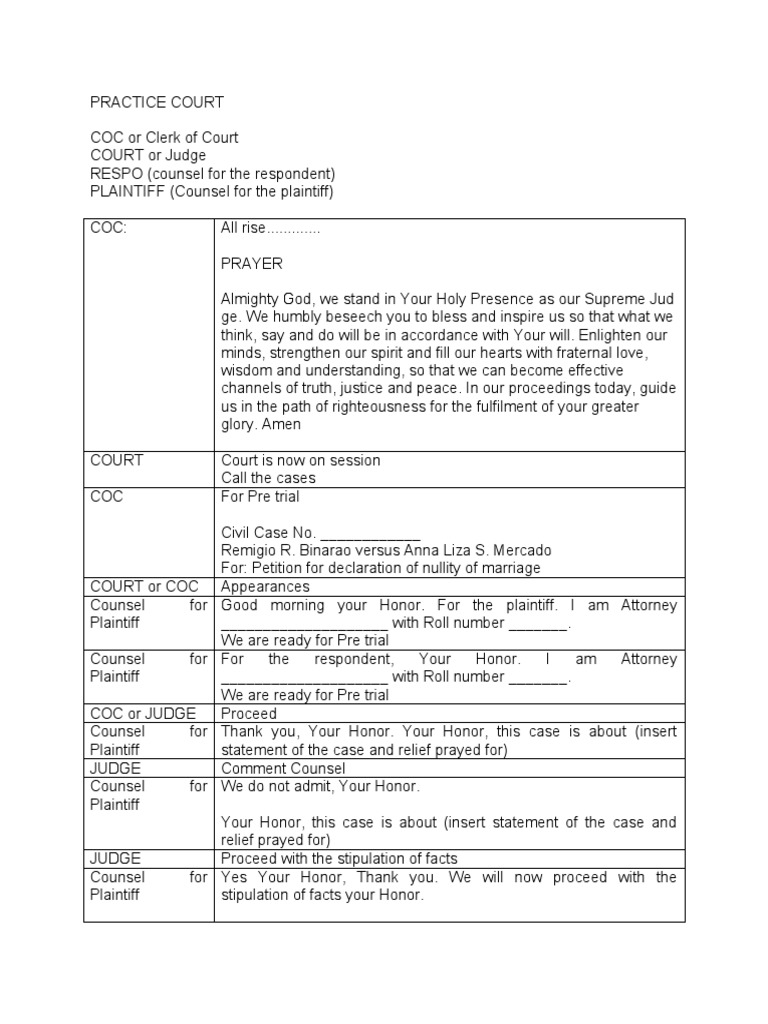 PRACTICE COURT Script | PDF | Divorce | Judge