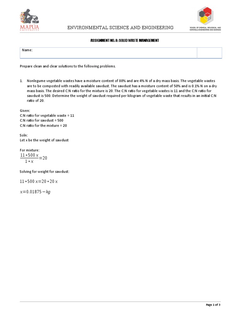 Environmental Science and Engineering: Assignment No. 8: Solid Waste ...