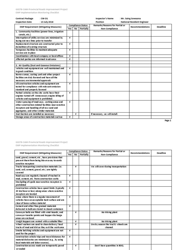 CEMP Checklist, July 2018 (Done) | PDF | Road | Traffic