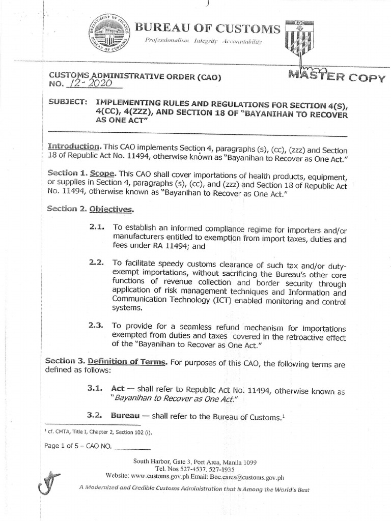 Bureau of Customs - Customs Administrative Order 12-2020 | PDF