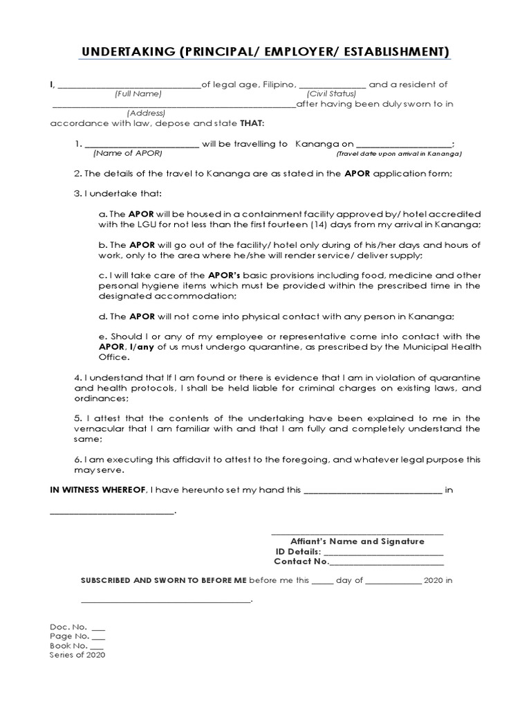 Employer Undertaking for APOR Travel | PDF | Affidavit | Virtue
