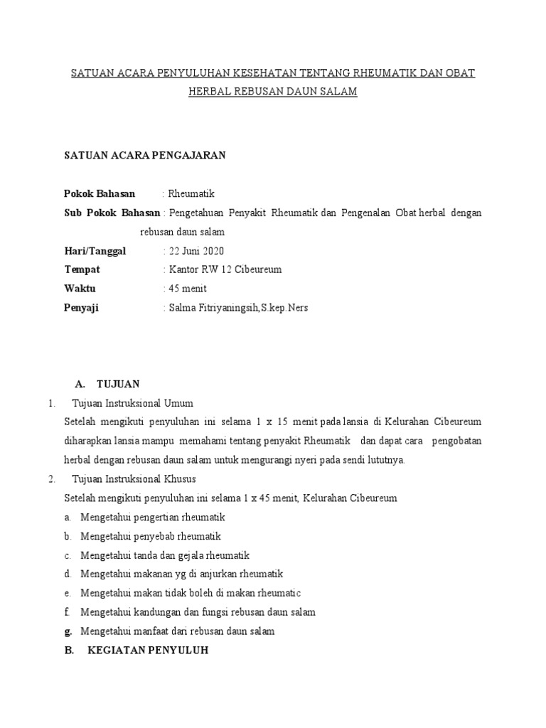 Satuan Acara Penyuluhan Kesehatan Tentang Rheumatik Dan Obat Herbal ...
