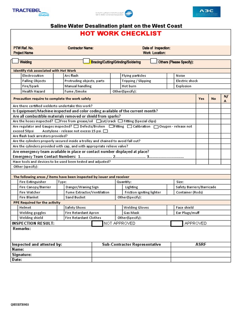 Hot Work Checklist: Saline Water Desalination Plant On The West Coast ...