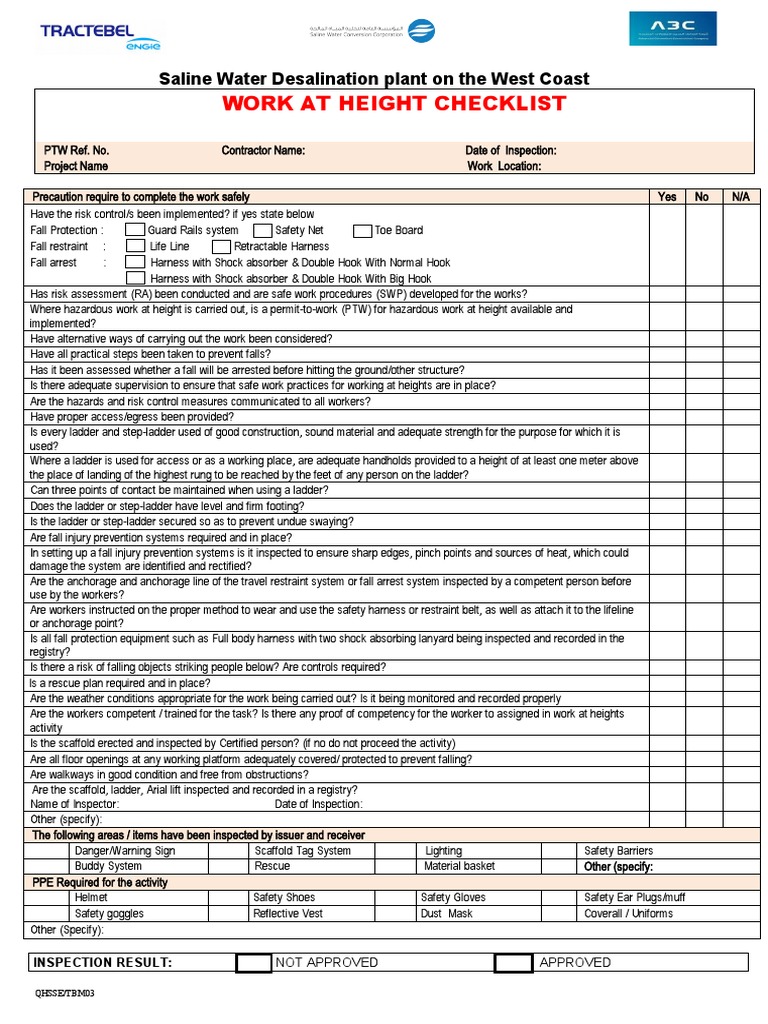 Work at Height Checklist | PDF | Ladder | Prevention
