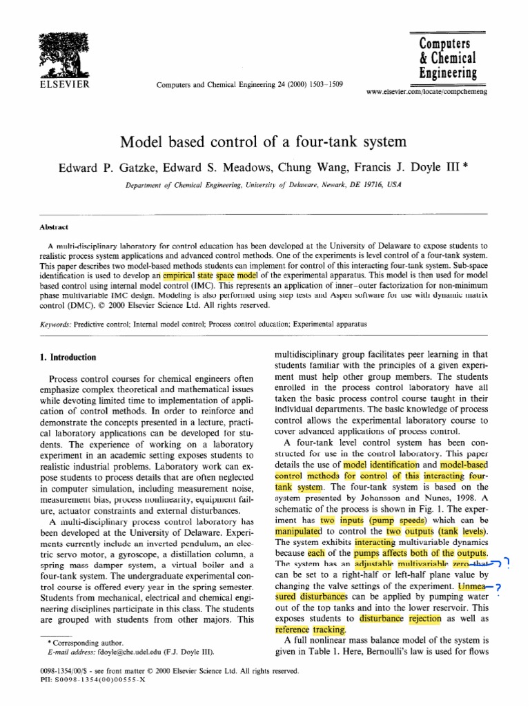 Model Based Control of 4 Tank System | PDF | Control Theory | Experiment