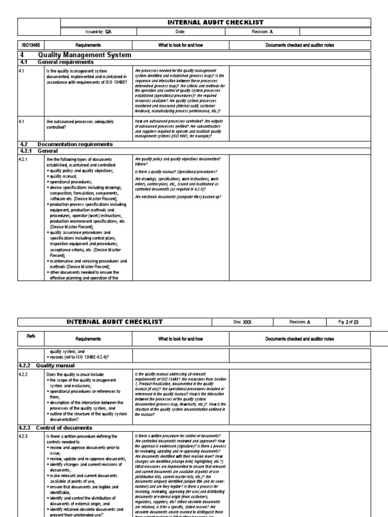 ISO 13485 Internal Audit Checklist | PDF | Verification And Validation ...