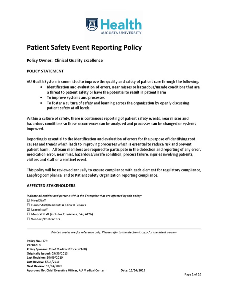 Safety Event Reporting Policy | PDF | Patient Safety | Surgery