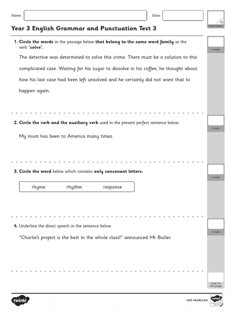 Year 3 English Grammar and Punctuation Test 3 | PDF | English Grammar ...