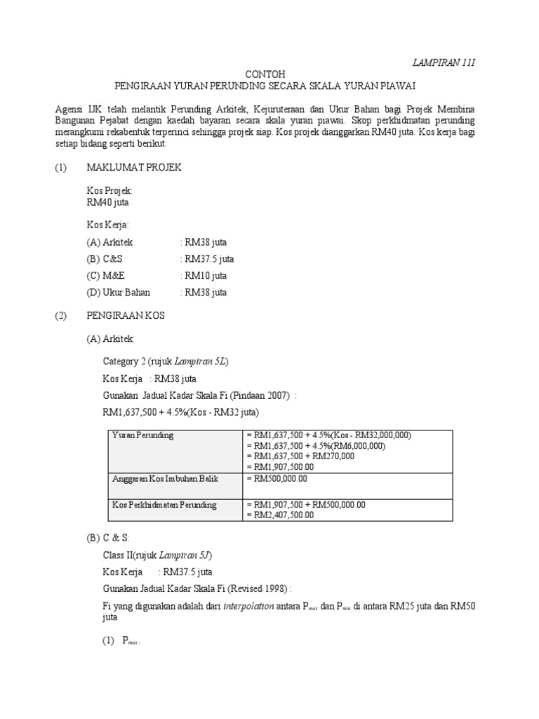 Lampiran 11I Contoh Pengiraan Yuran Perunding Secara Skala Yuran Piawai ...