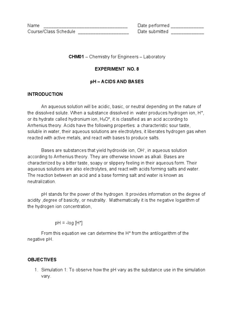CHM01 - Chemistry For Engineers - Laboratory Experiment No. 8 PH ...