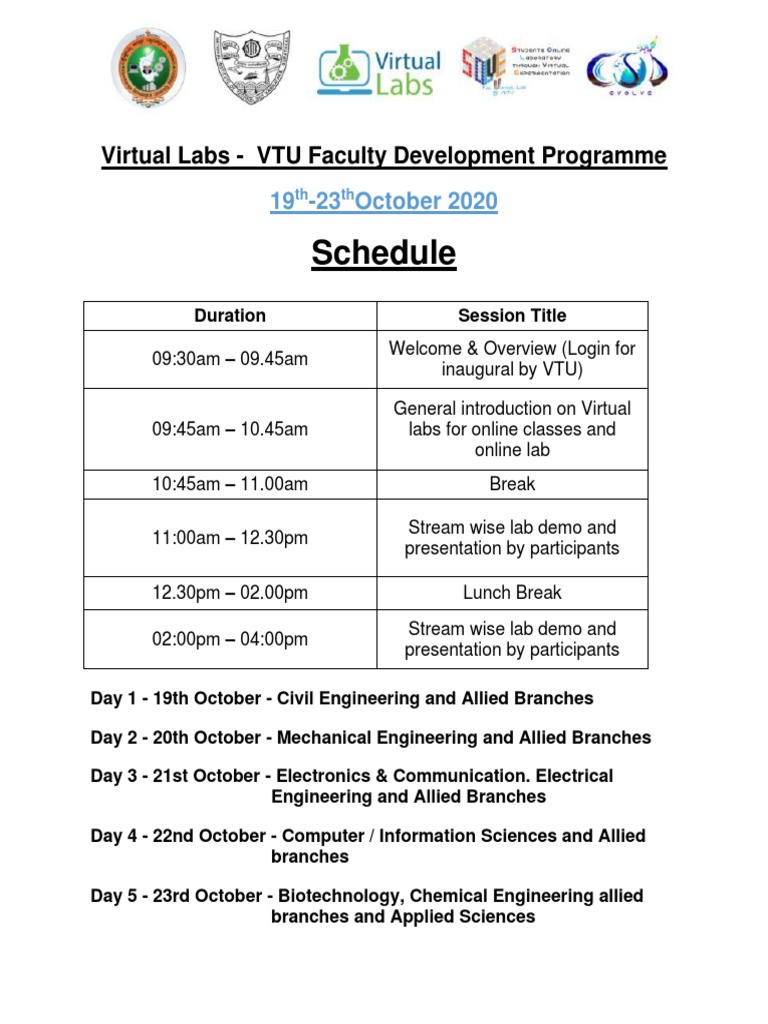 Schedule: Virtual Labs - VTU Faculty Development Programme | PDF
