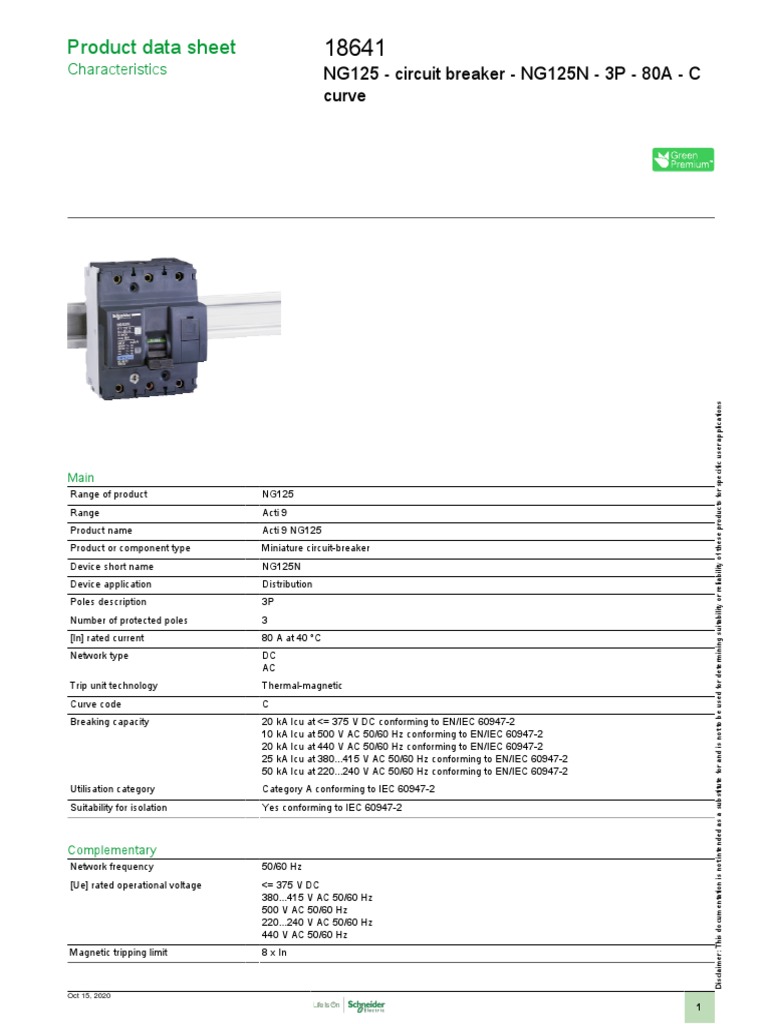 Product Data Sheet: NG125 - Circuit Breaker - NG125N - 3P - 80A - C ...