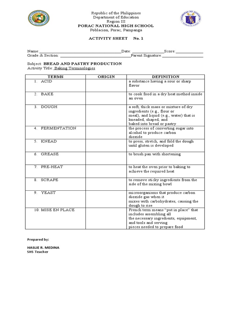 BPP ACTIVITY1 Baking Terminology | PDF | Breads | Dough