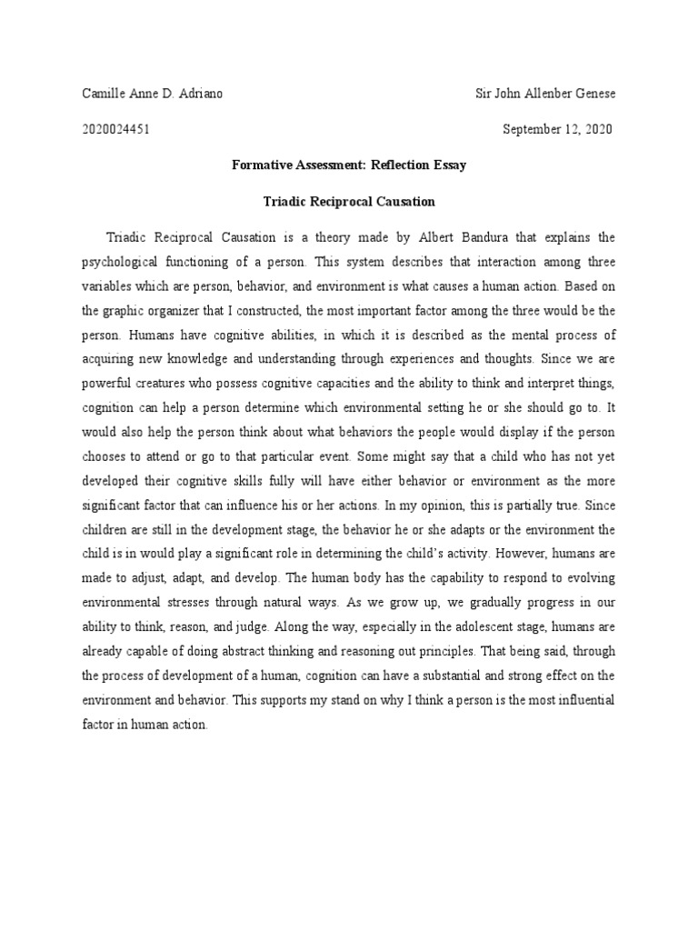 Formative Assessment: Reflection Essay Triadic Reciprocal Causation | PDF