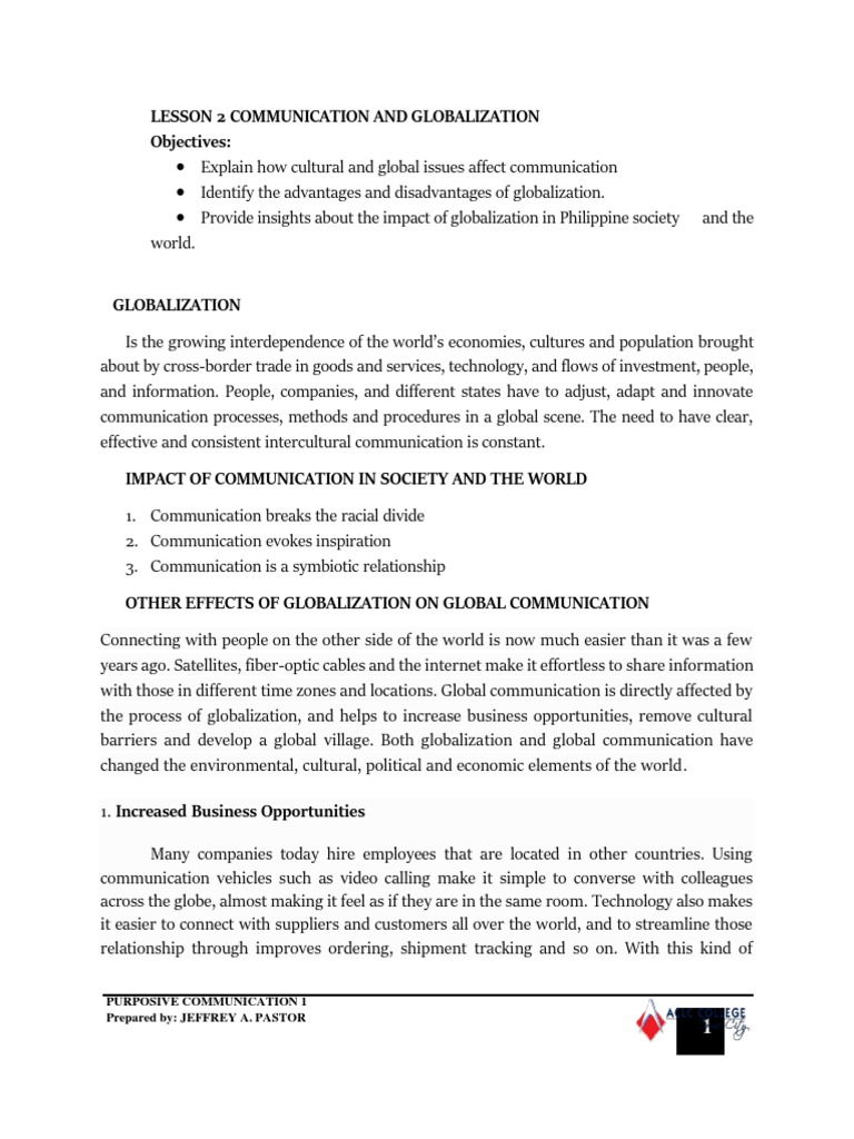 Lesson 2 Communication and Globalization | PDF | Globalization | Communication