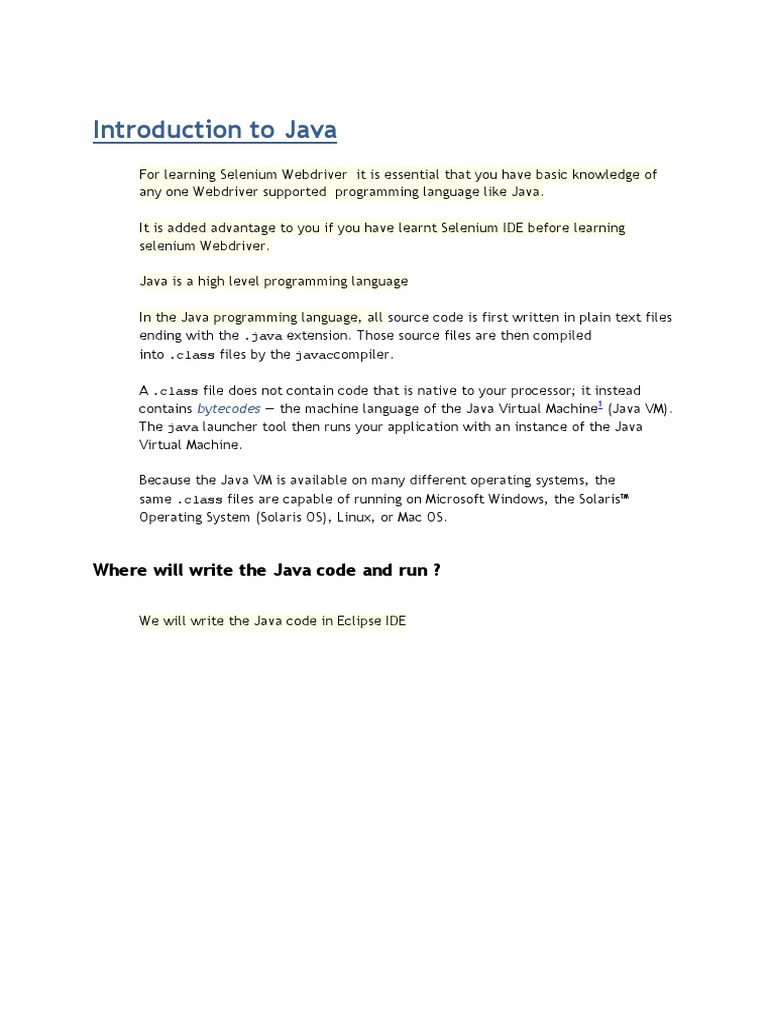 Introduction To Java: Where Will Write The Java Code and Run ? | PDF | Selenium (Software ...