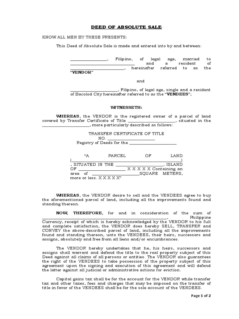 Deed of Absolute Sale Template | PDF | Deed | Title (Property)