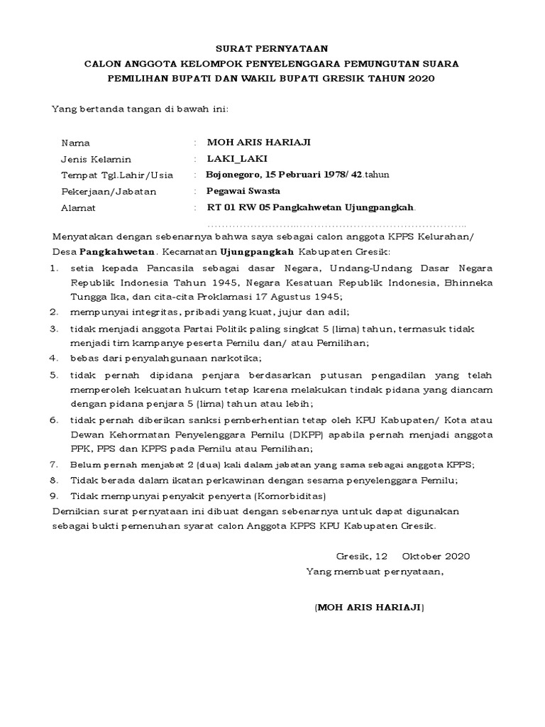 Surat Pernyataan - Calon KPPS | PDF