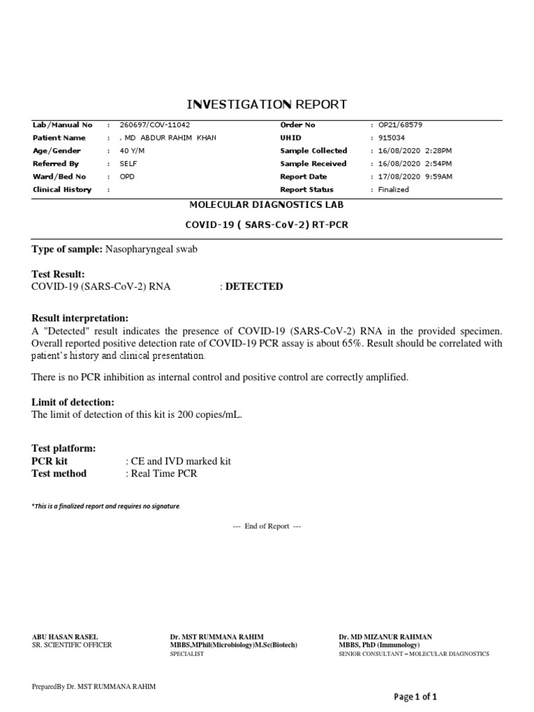 Investigation Report: Type of Sample: Nasopharyngeal Swab Test Result | PDF