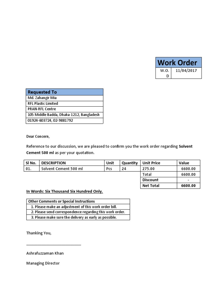 Work Order RFL | PDF