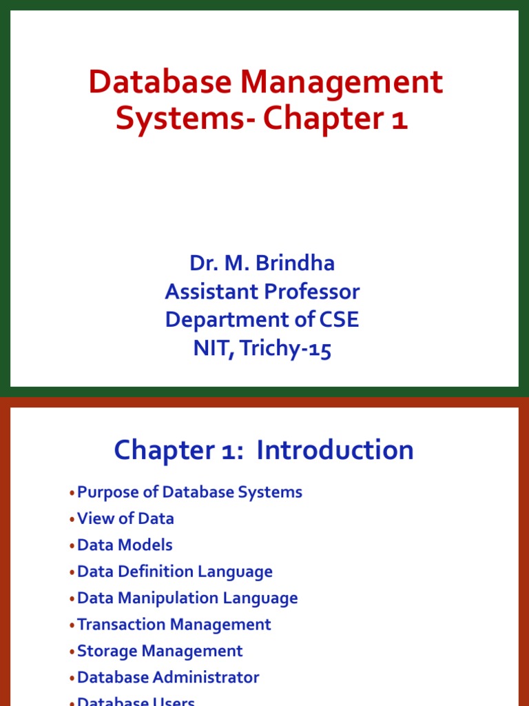 Database Management Systems-Chapter 1: Dr. M. Brindha Assistant Professor Department of CSE NIT ...